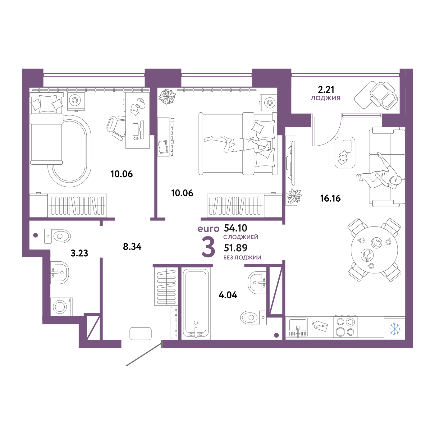 Купить 3 комнатную квартиру 54 1м² этаж №8 кв №934 в ЖК Юнион дом