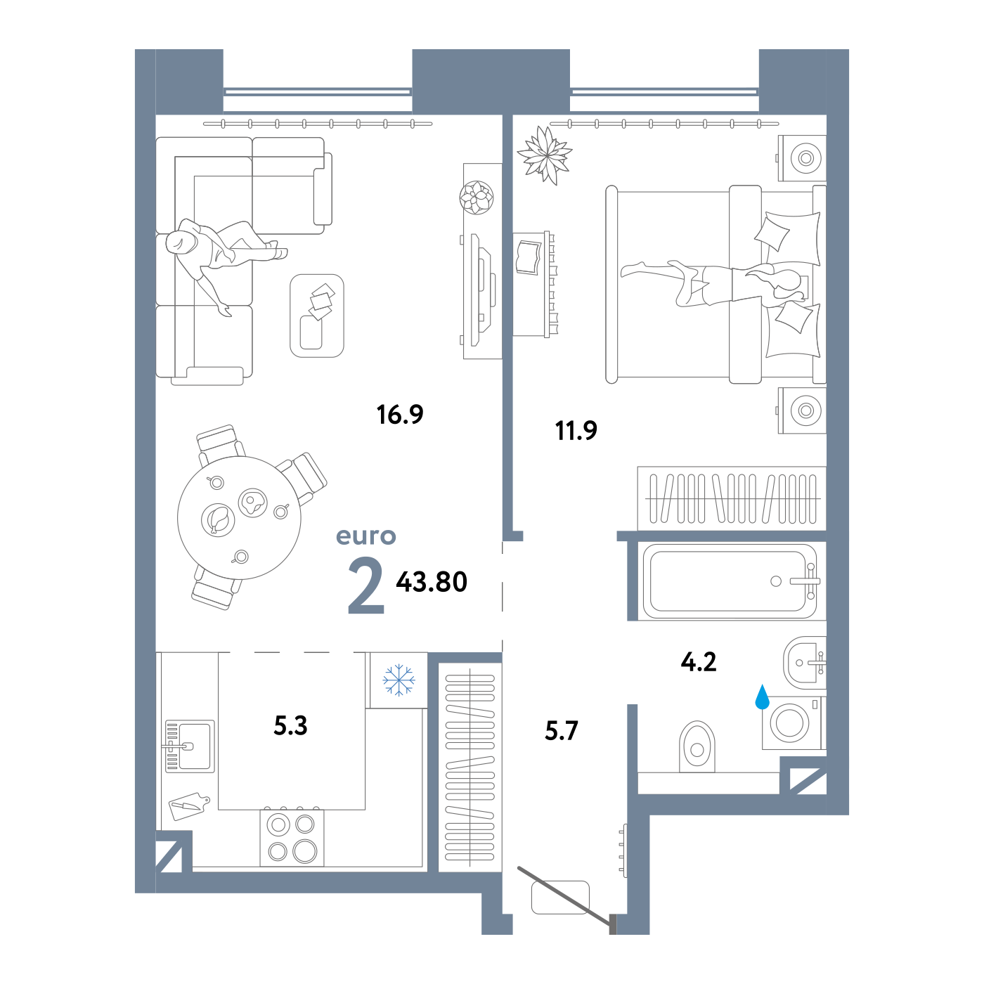 Купить 2 комнатную квартиру 43 8м² этаж №2 кв №1141 в ЖК Страна