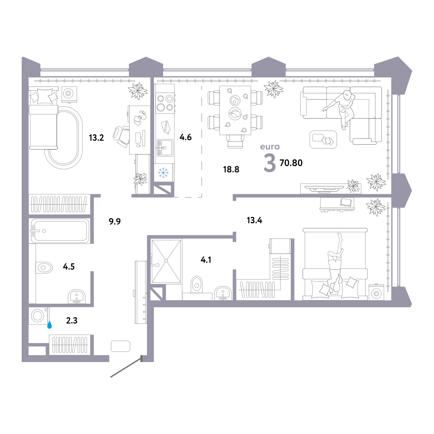 Купить 3 комнатную квартиру 70 8м² этаж №28 кв №382 в ЖК Страна