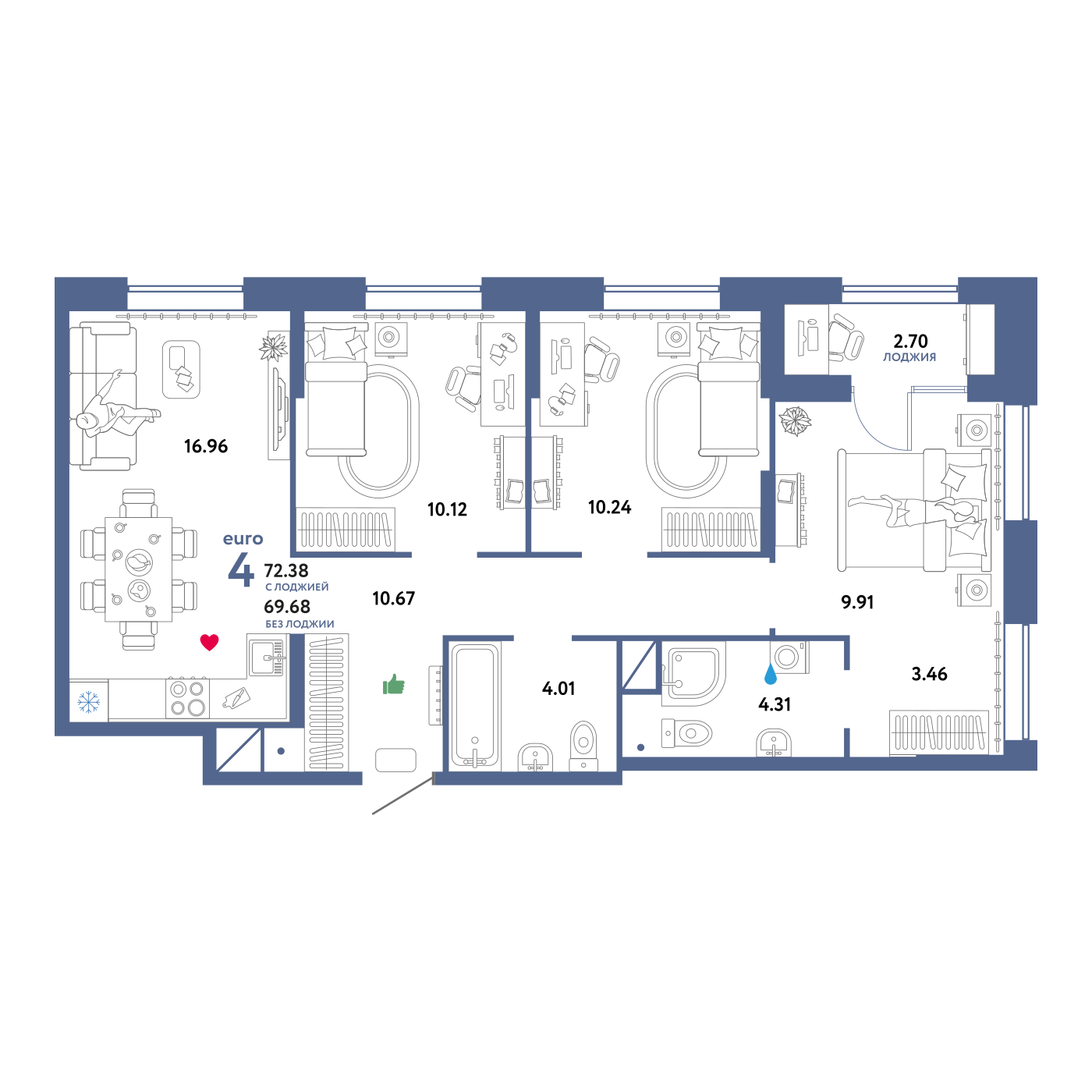 Купить 4 комнатную квартиру 72 38м² этаж №6 кв №617 в ЖК Юнион Дом