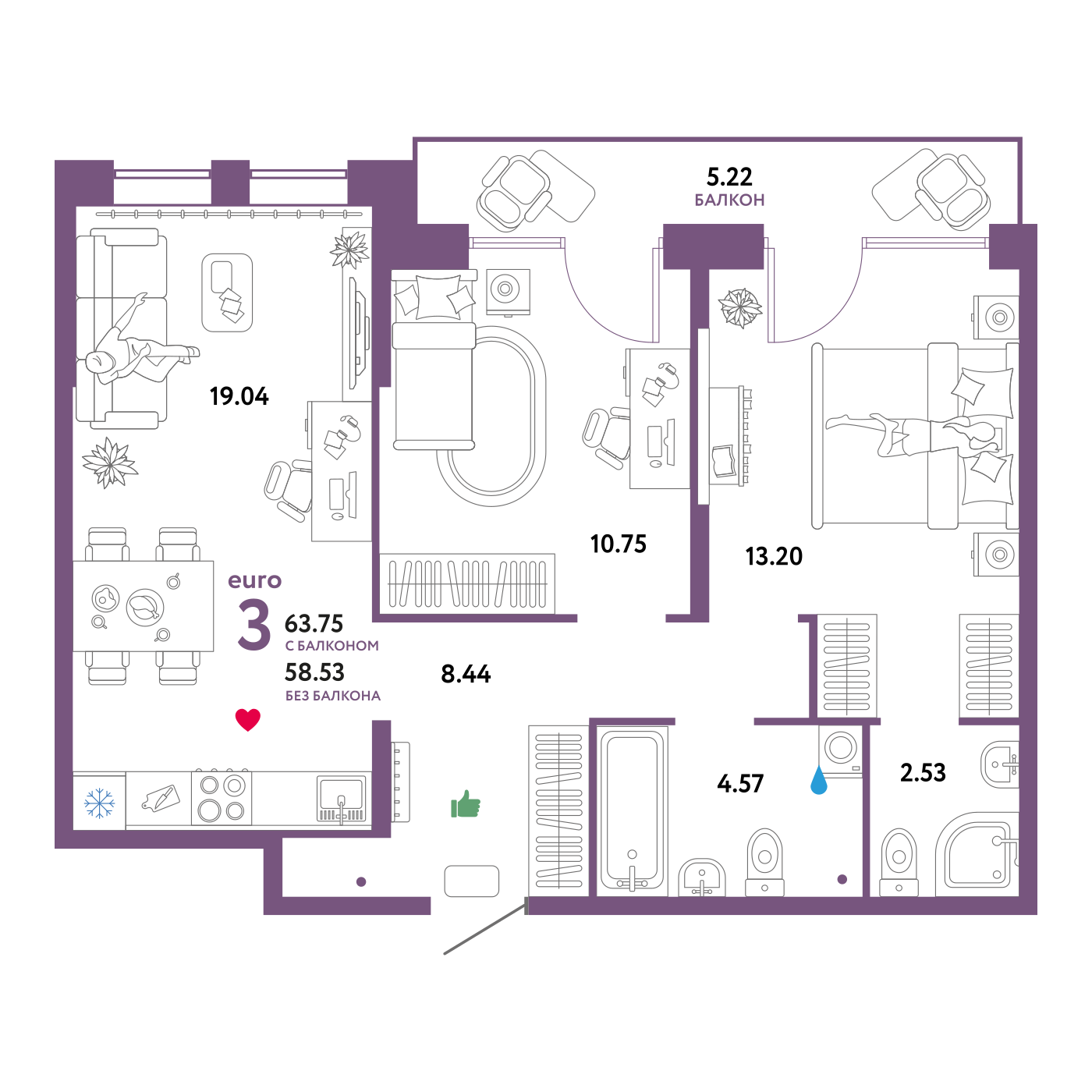 Купить 3 комнатную квартиру 63 18м² этаж №7 кв №896 в ЖК Юнион Дом