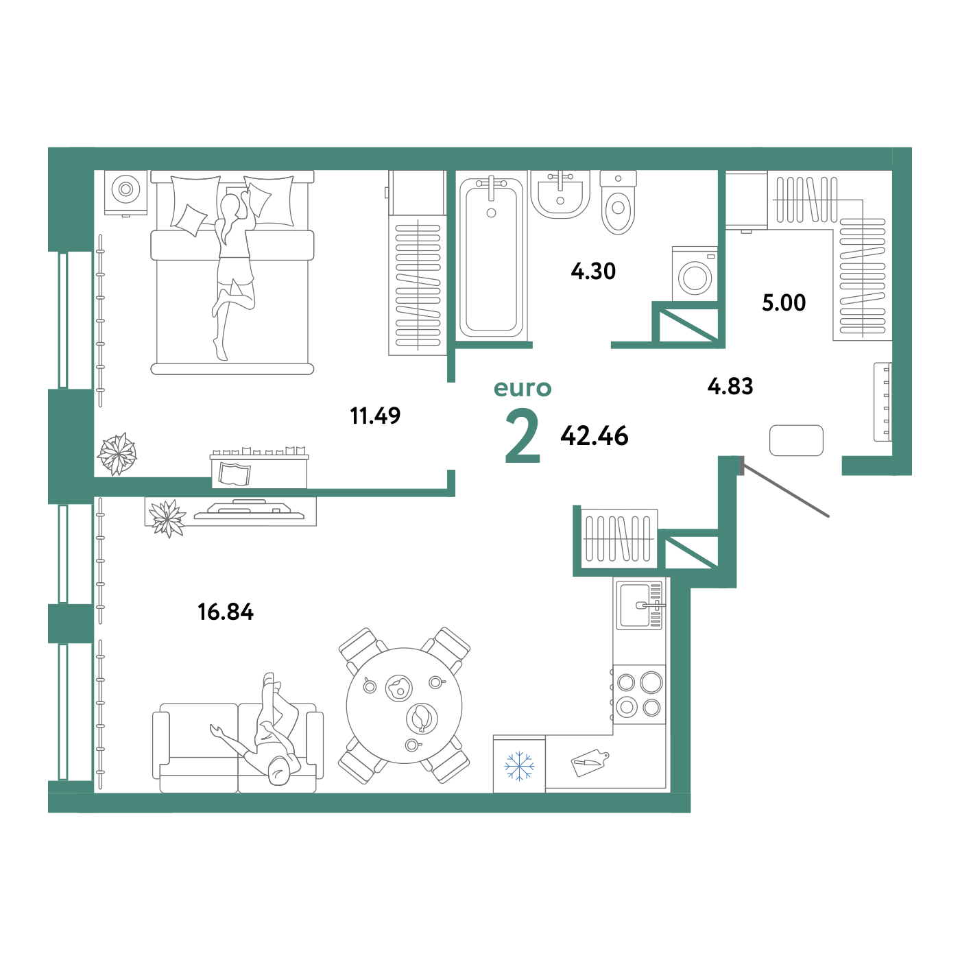 Купить 2 комнатную квартиру 42 46м² этаж №12 кв №201 в ЖК Юнион