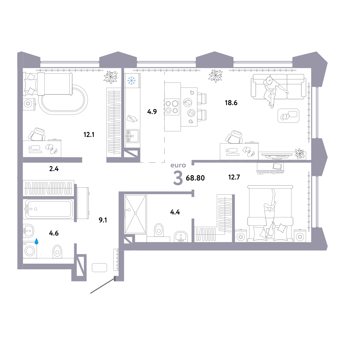 Купить 3 комнатную квартиру 68 8м² этаж №14 кв №1037 в ЖК Страна