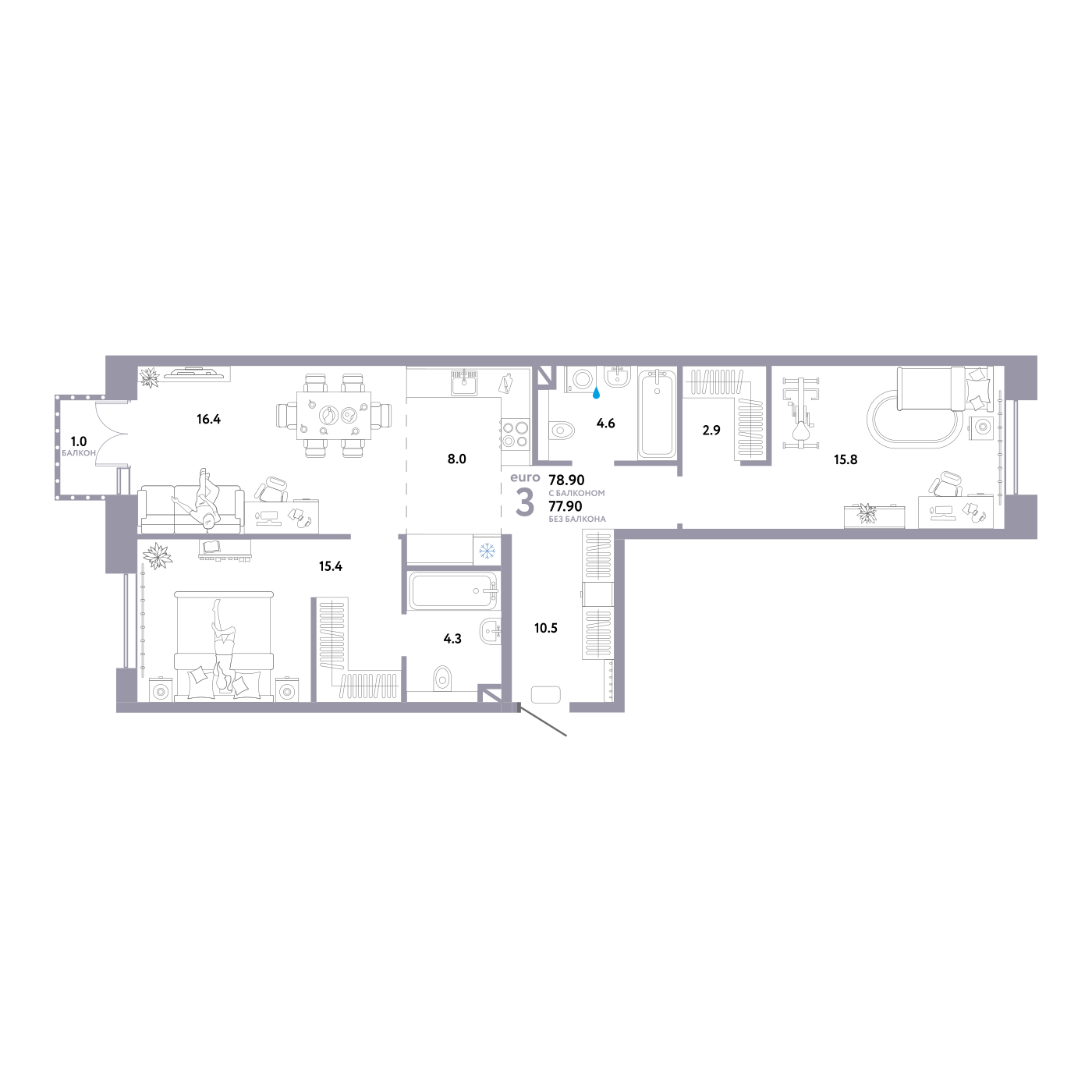 Купить 3-комнатную квартиру 78.9м², этаж №6 кв №1168 в ЖК "Страна ...