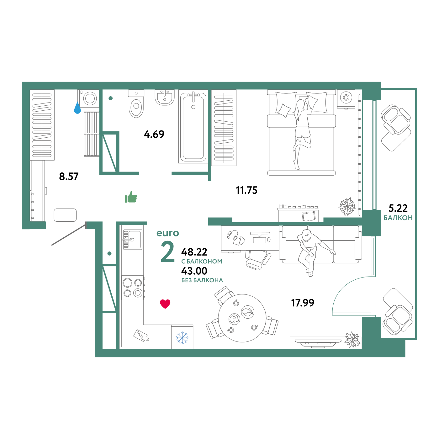 Купить 2 комнатную квартиру 48 22м² этаж №14 кв №579 в ЖК Юнион