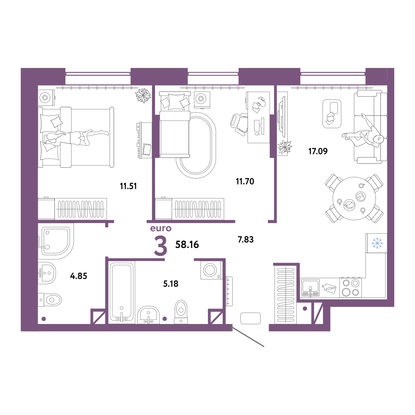 Купить 3 комнатную квартиру 58 16м² этаж №4 кв №13 в ЖК Юнион Дом