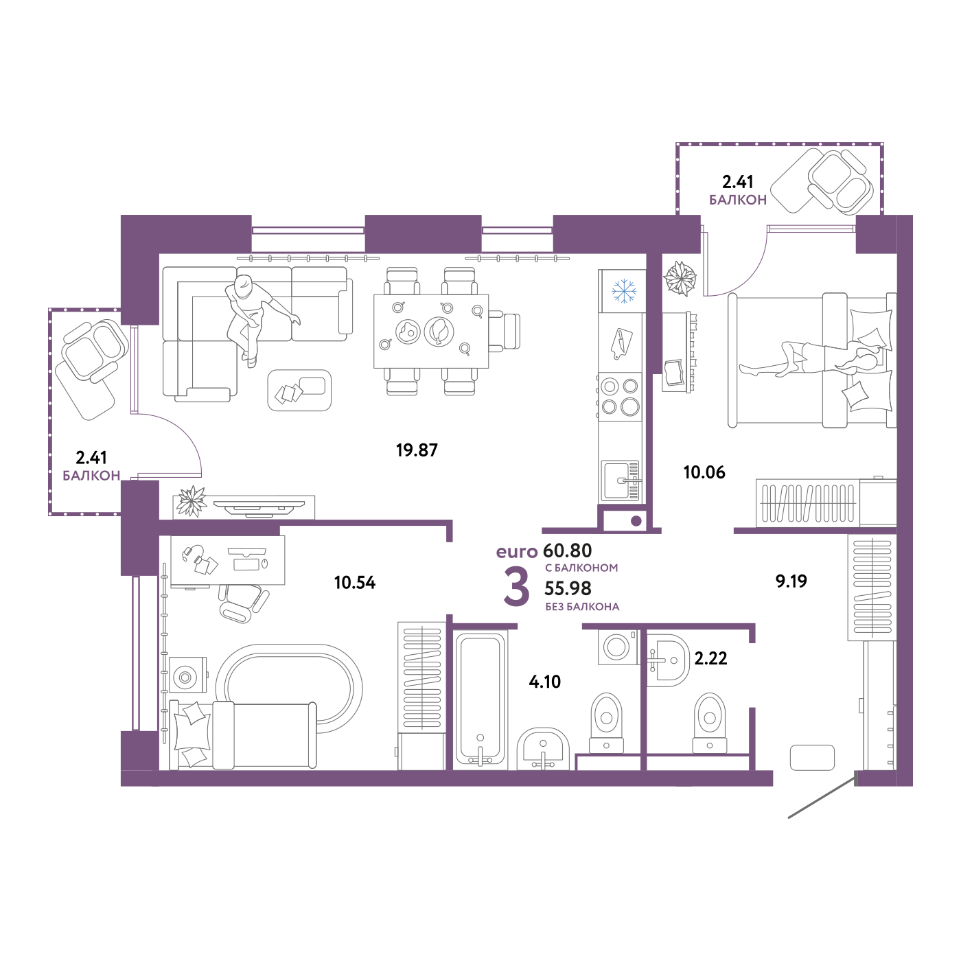 Купить 3 комнатную квартиру 60 8м² этаж №10 кв №153 в ЖК Домашний