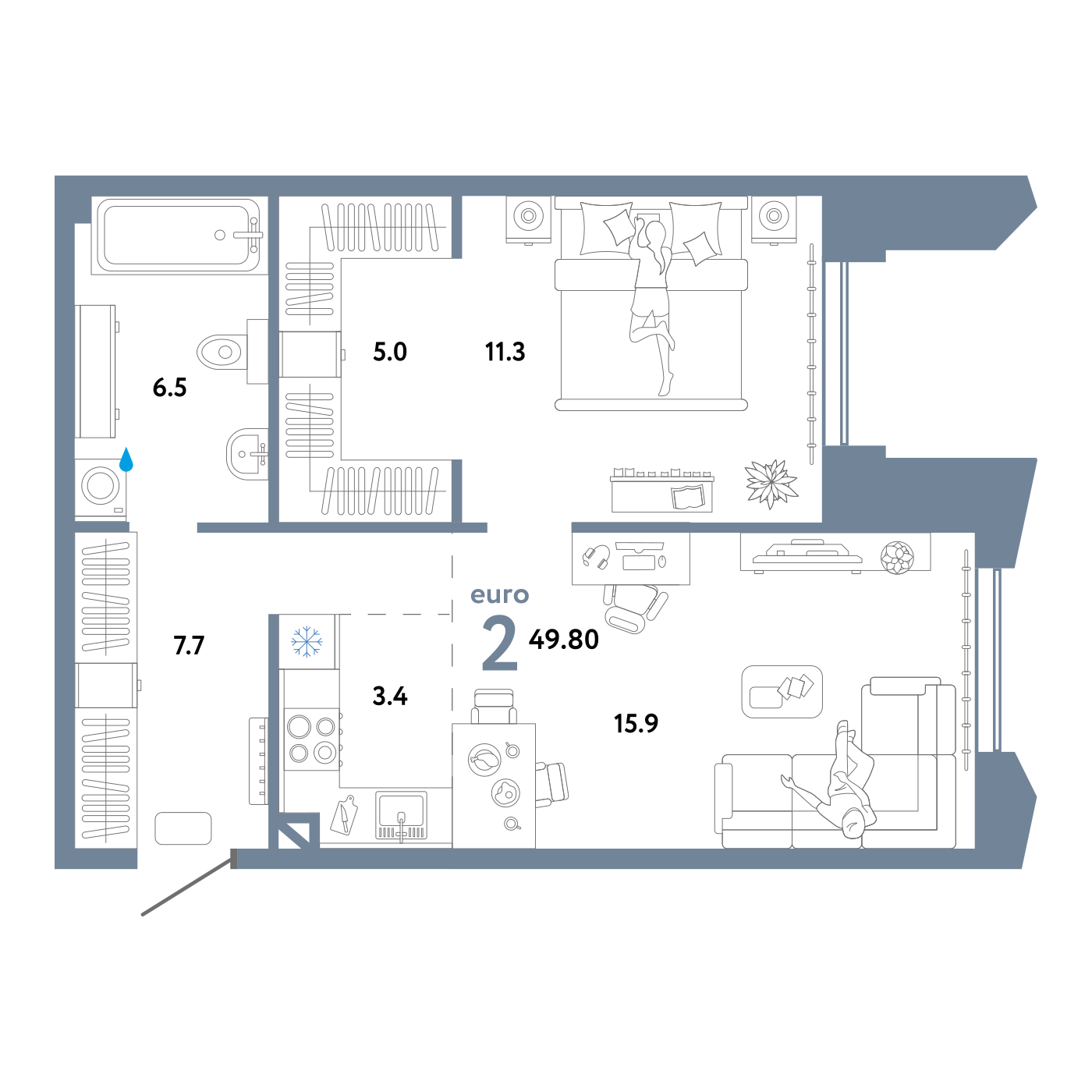 Купить 2 комнатную квартиру 49 8м² этаж №29 кв №188 в ЖК Страна