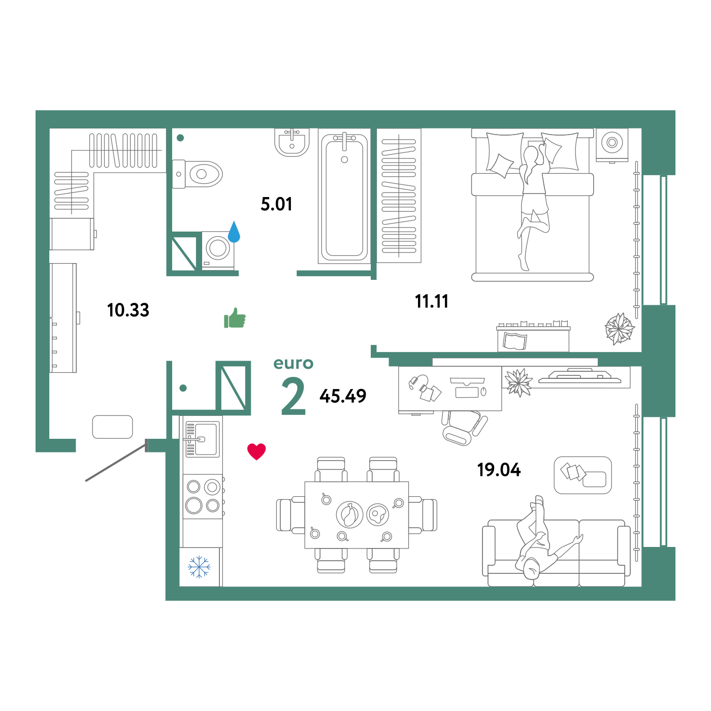 Купить 2 комнатную квартиру 45 49м² этаж №6 кв №728 в ЖК Юнион дом