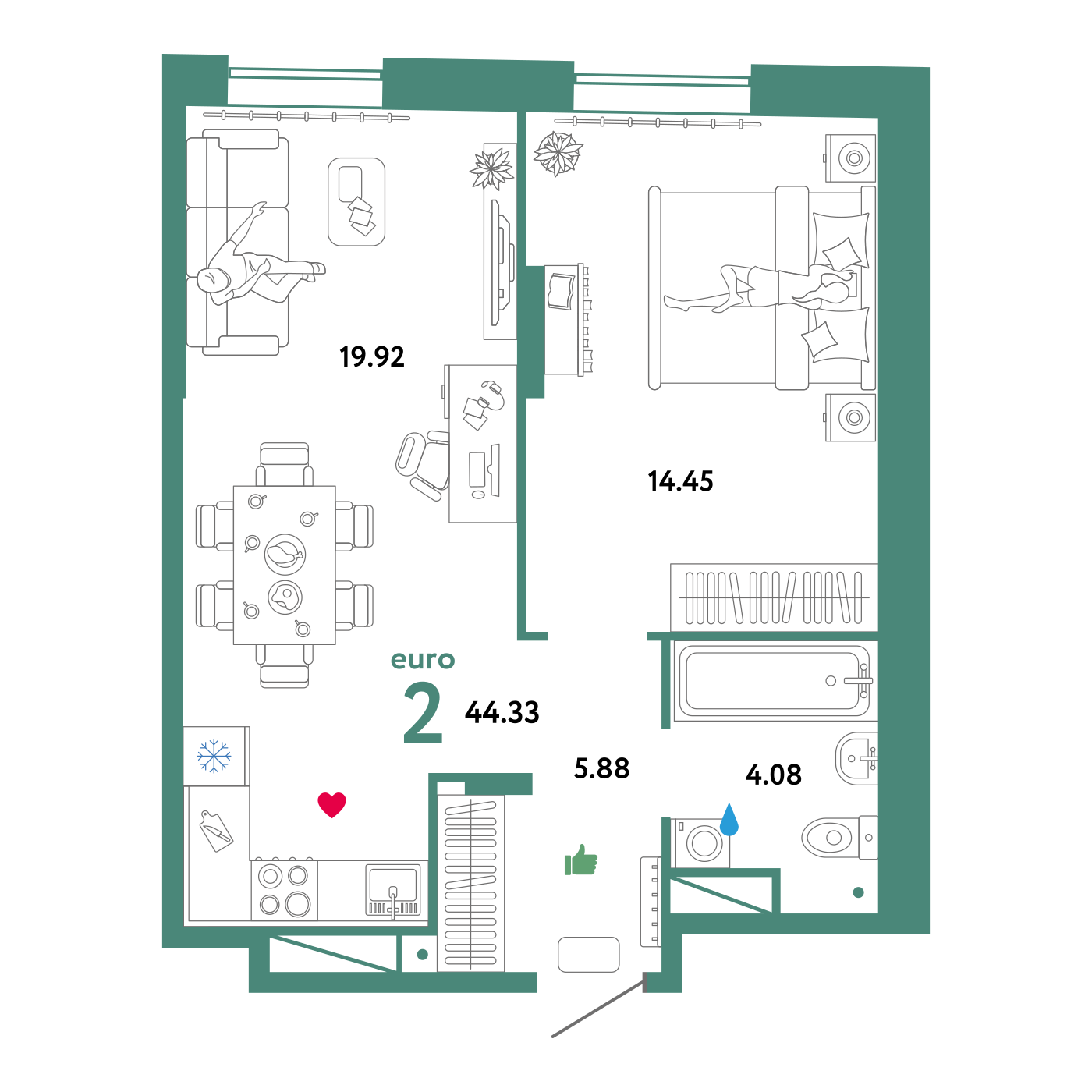 Купить 2-комнатную квартиру 44.33м², этаж №16 кв №154 в ЖК "Юнион", дом ...