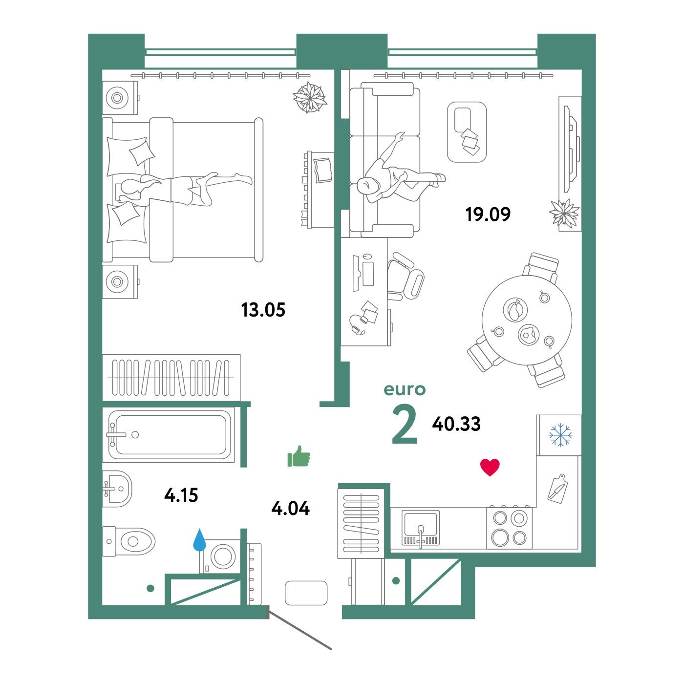 Купить 2 комнатную квартиру 40 33м² этаж №13 кв №988 в ЖК Юнион дом