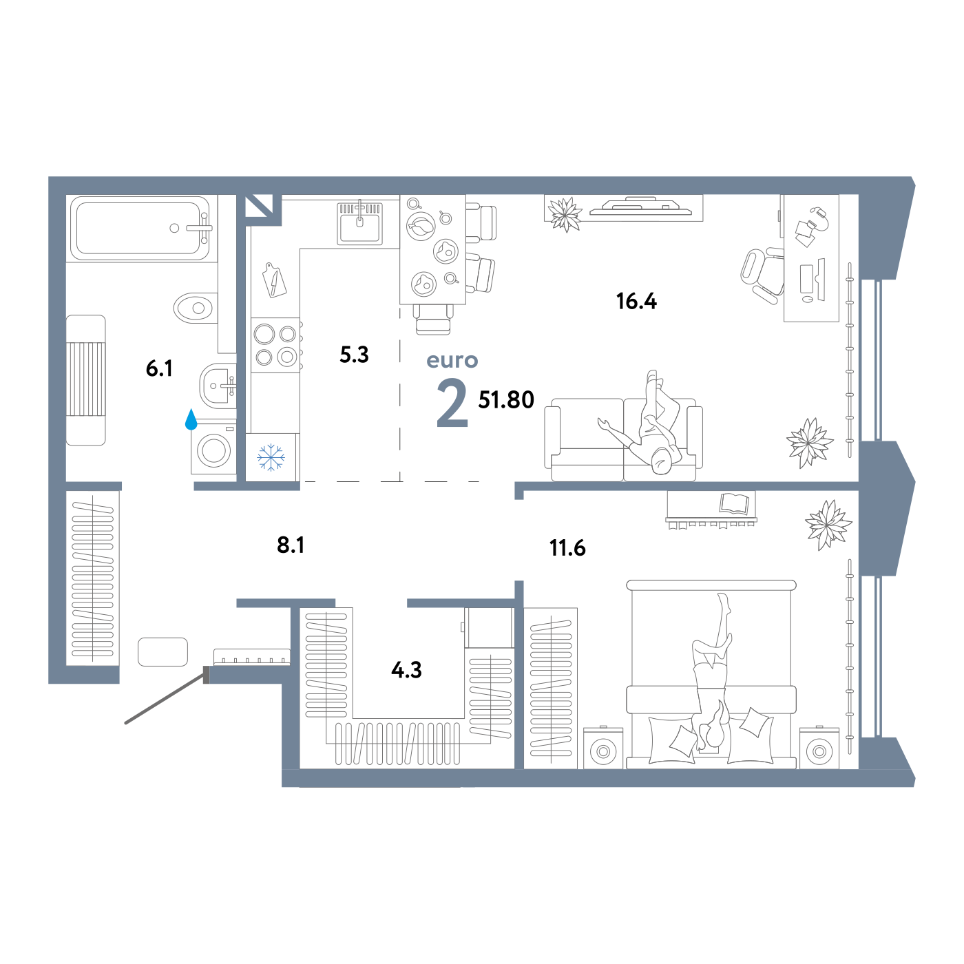 Купить 2 комнатную квартиру 51 8м² этаж №21 кв №889 в ЖК Страна