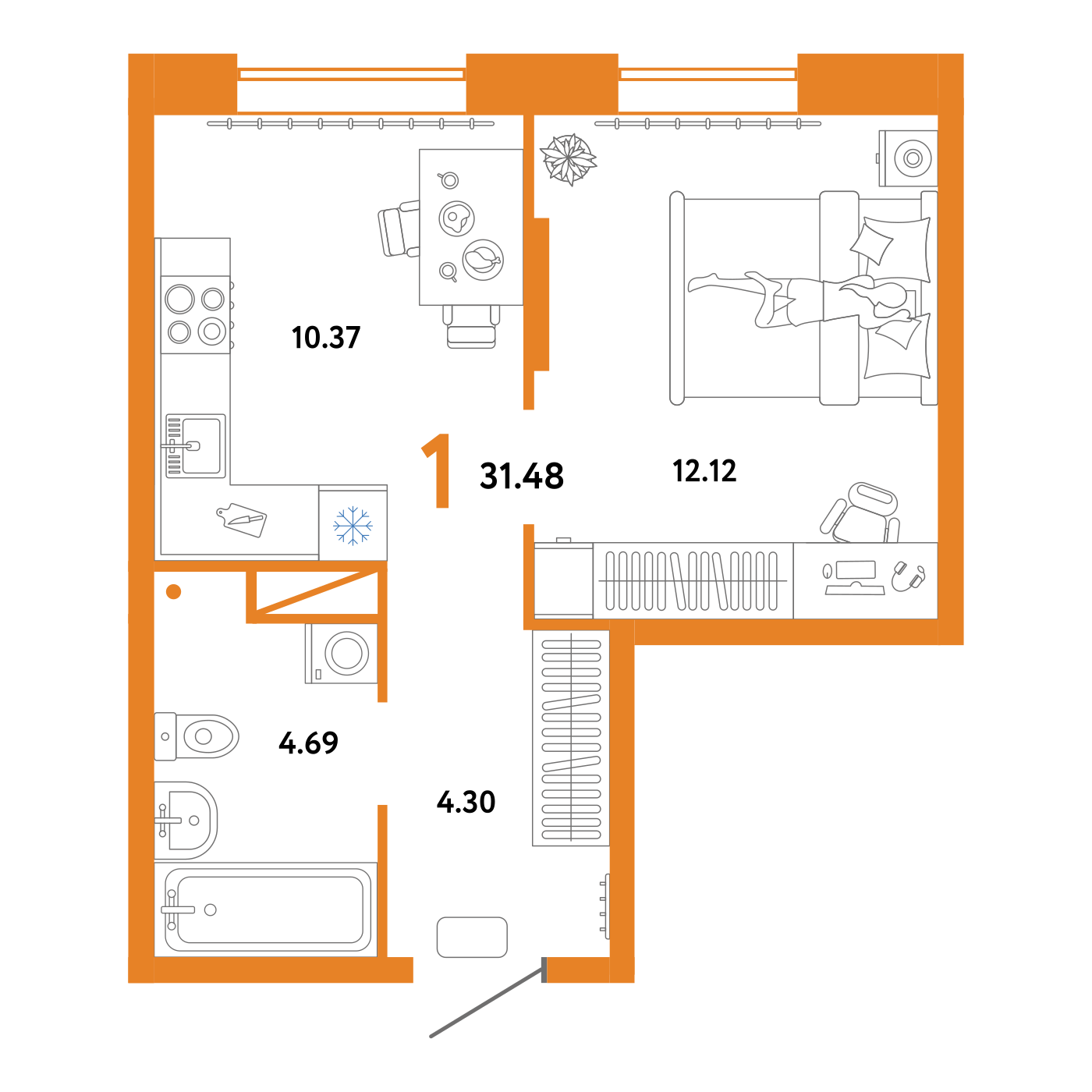 Купить 1 комнатную квартиру 31 48м² этаж №4 кв №15 в ЖК Юнион дом